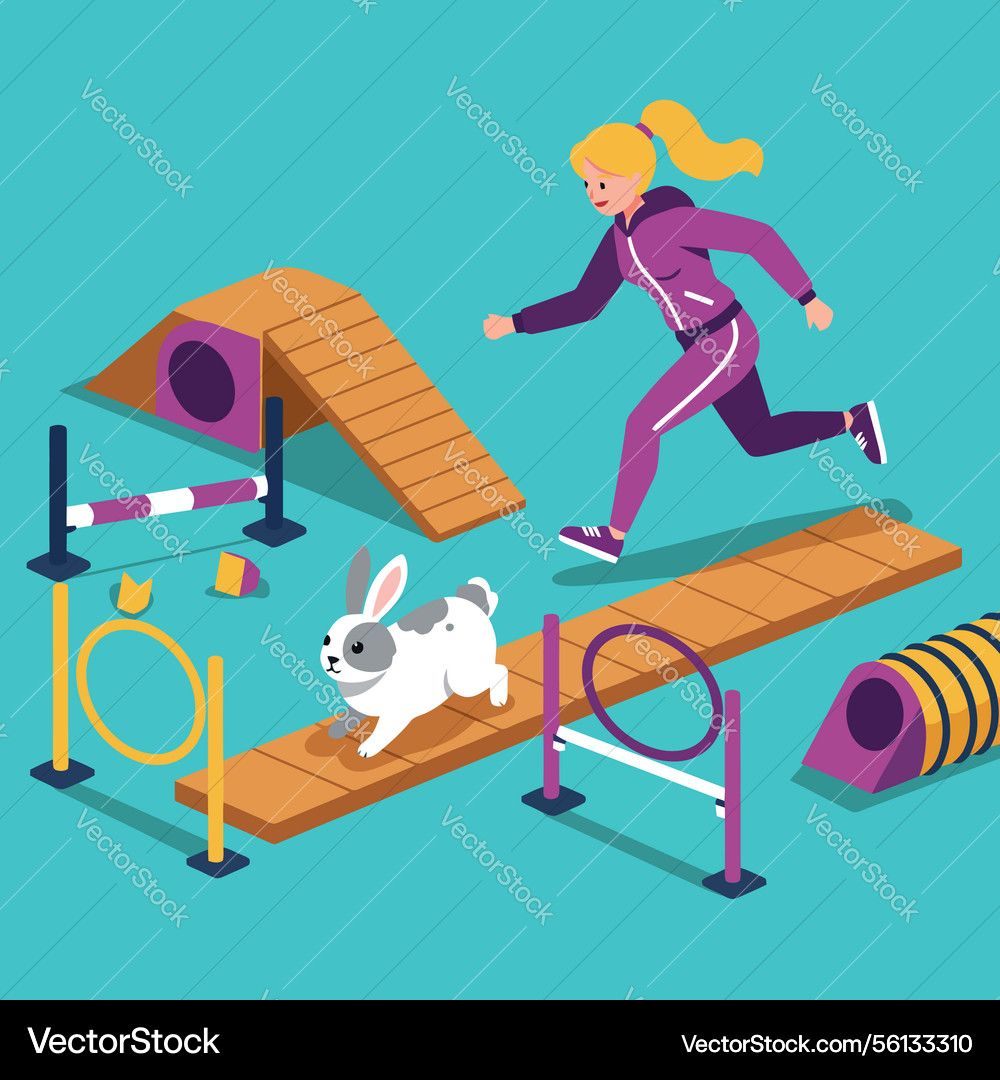 Rabbit agility training with trainer runs Vector Image