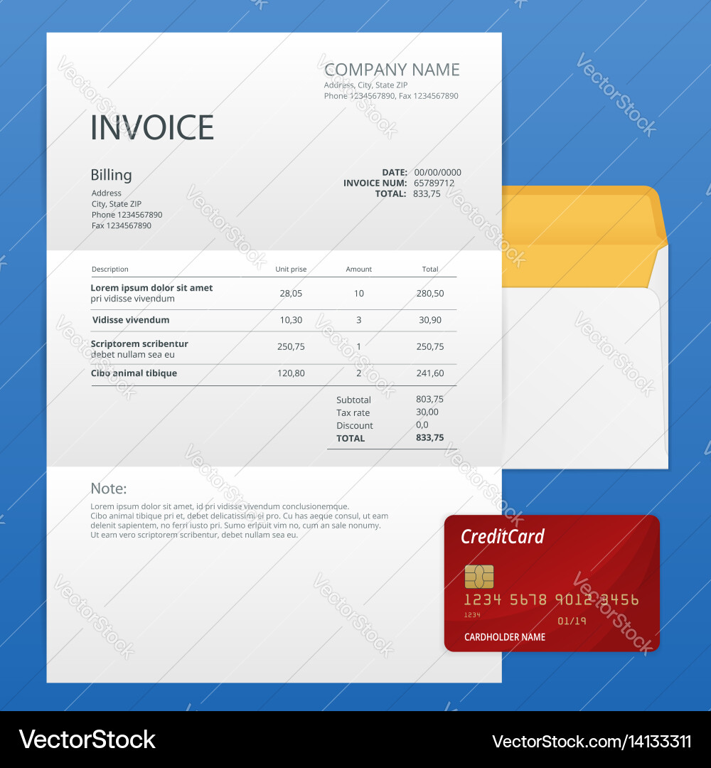 Single invoice and credit card payment Royalty Free Vector