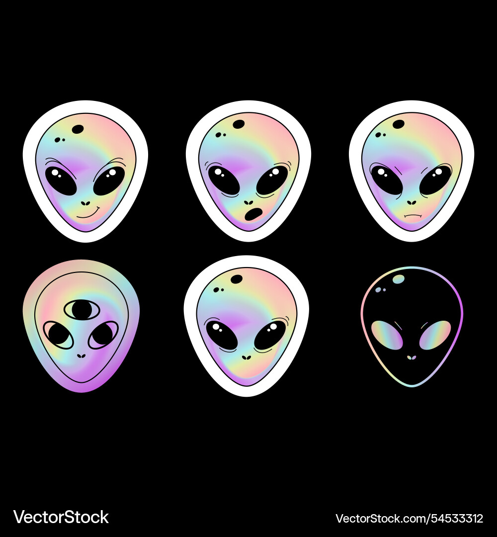 Alien head holographic psychedelic stickers set Vector Image