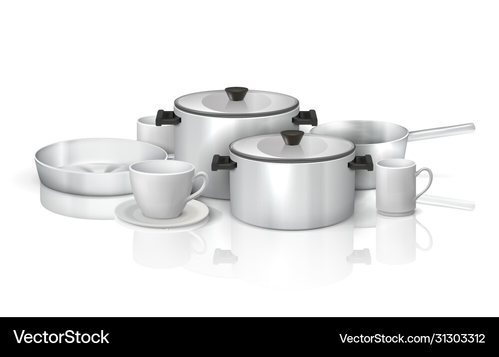 Realistic cookware 3d kitchen utensils Royalty Free Vector