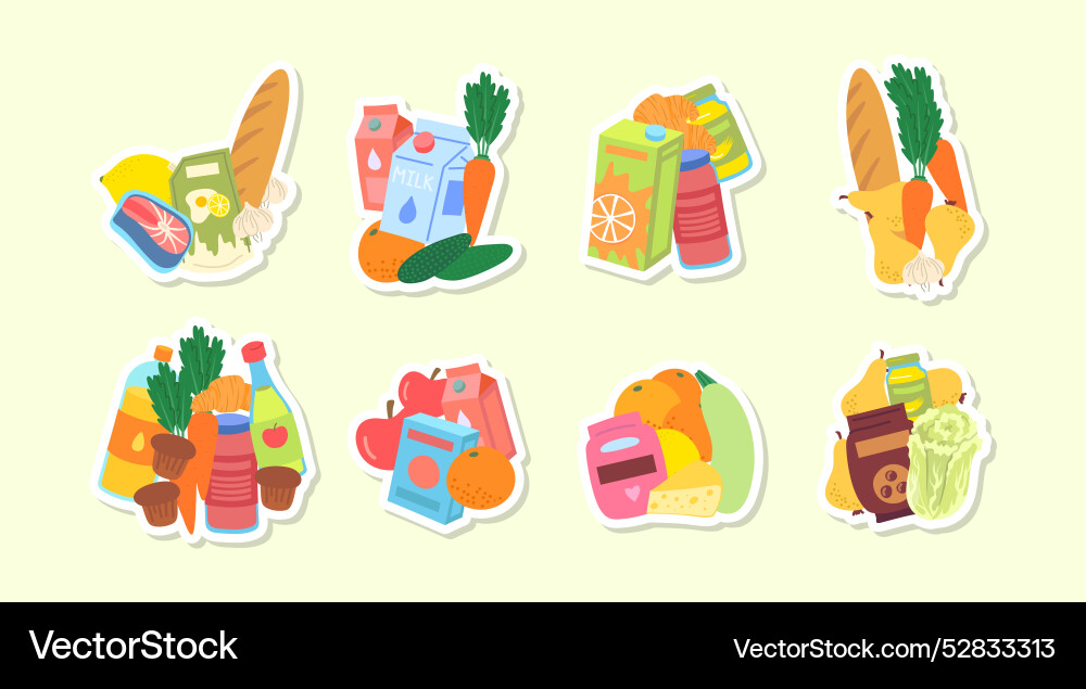 Cartoon color different types foodstuff stickers Vector Image
