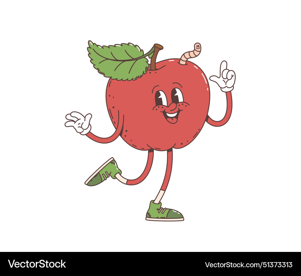 Groovy retro cartoon apple fruit funky character Vector Image