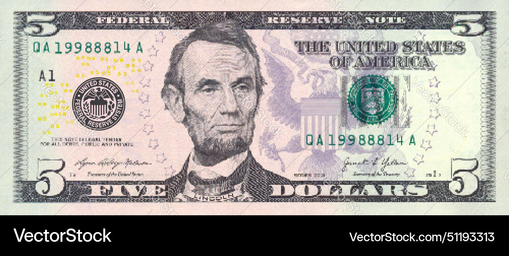 Obverse high polygonal pixel mosaic banknote 5 Vector Image