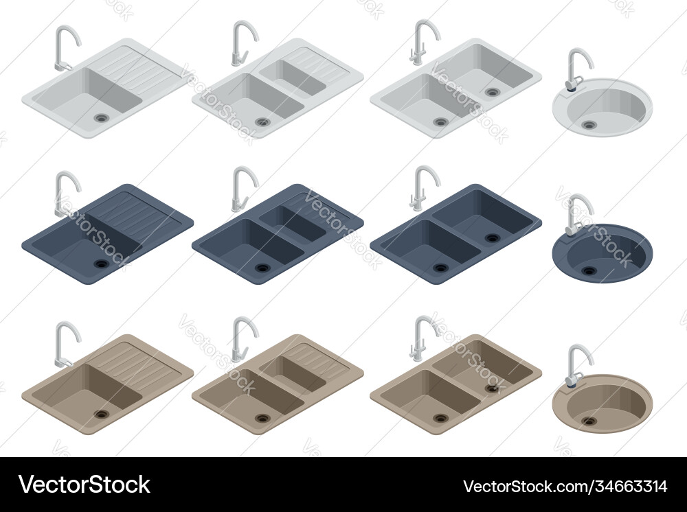 Isometric Kitchen Sinks & Tap Set Royalty Free Vector