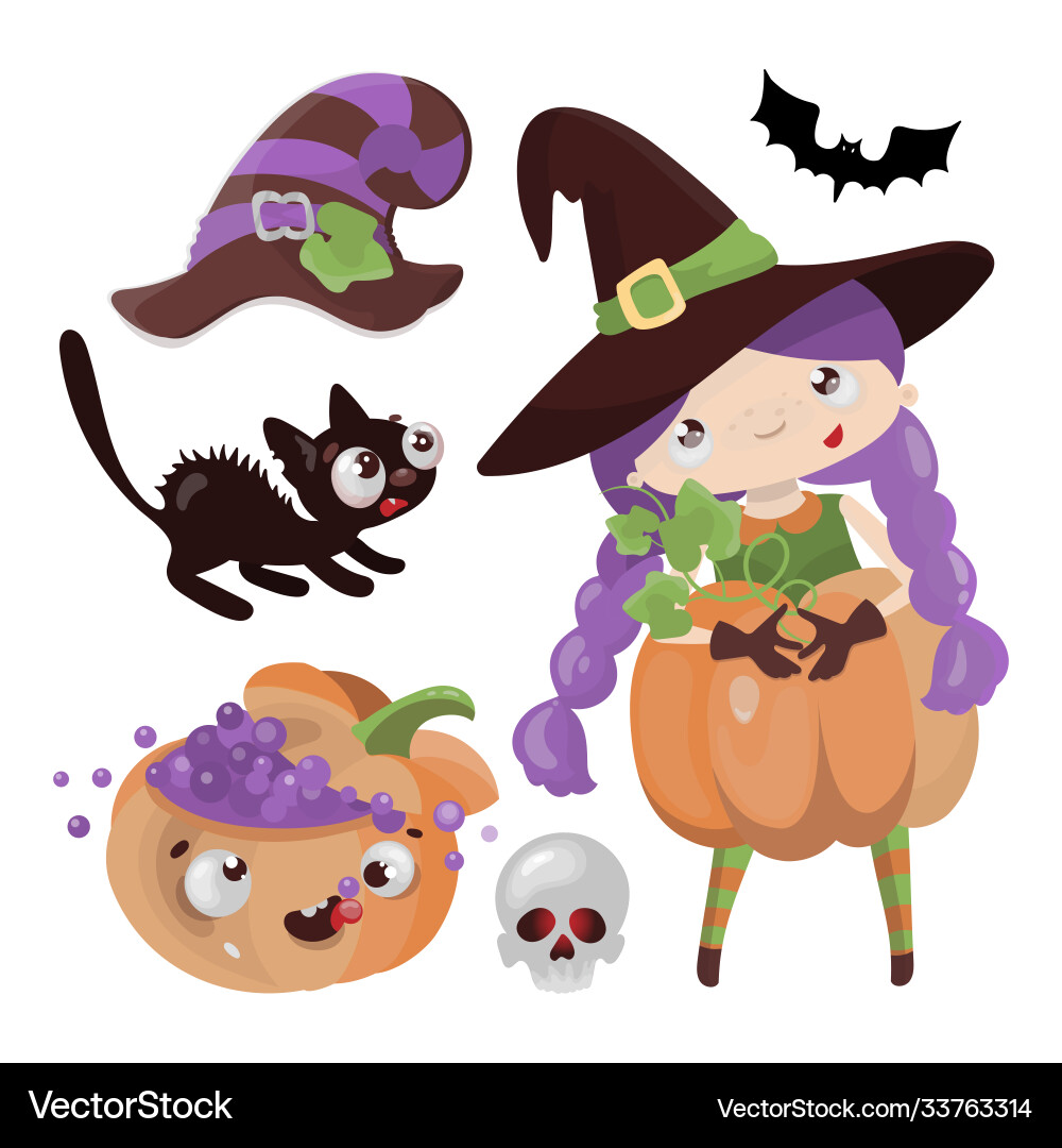 Witch pumpkin halloween cartoon set Royalty Free Vector