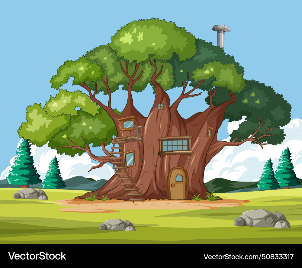 A whimsical treehouse among trees Royalty Free Vector Image