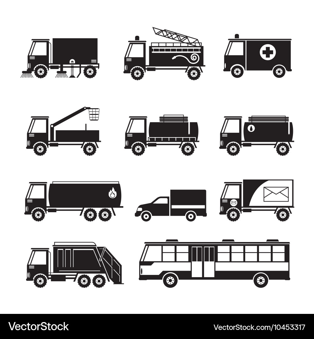 Public utility vehicles object silhouette set Vector Image