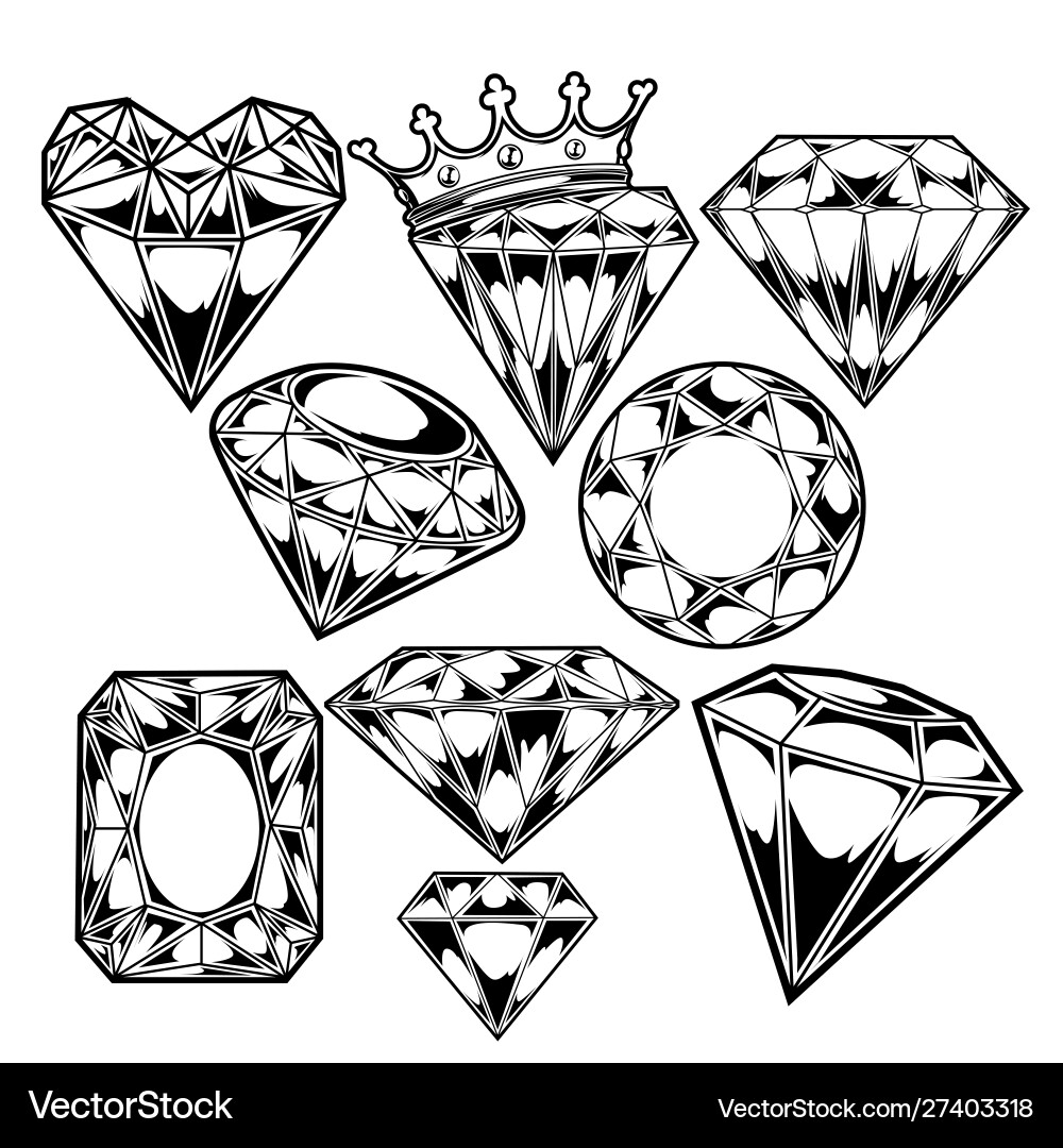 Diamond Clip Art Set - Black & Shiny Vector Image