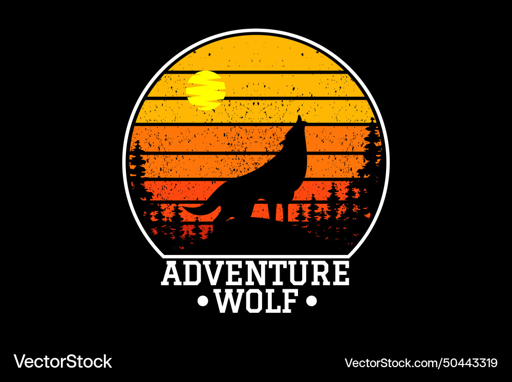 Adventure wolf retro design landscape Royalty Free Vector