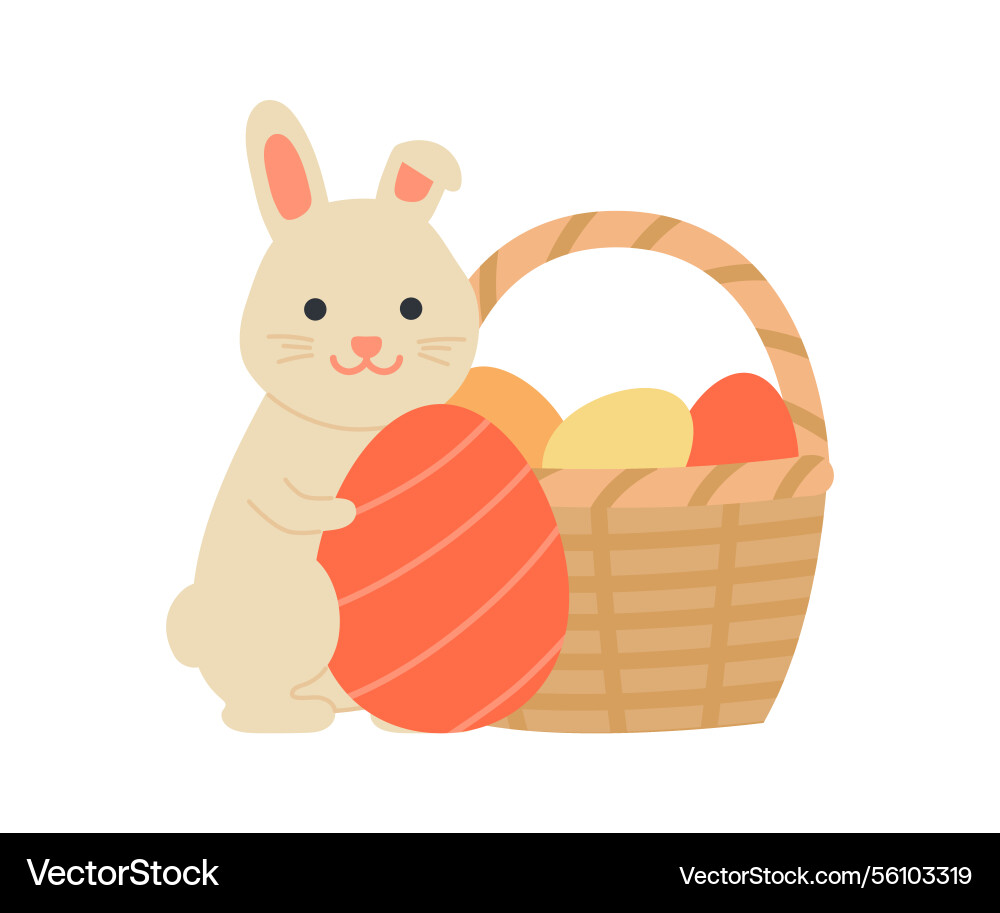 Easter color eggs in basket and cute rabbit Vector Image