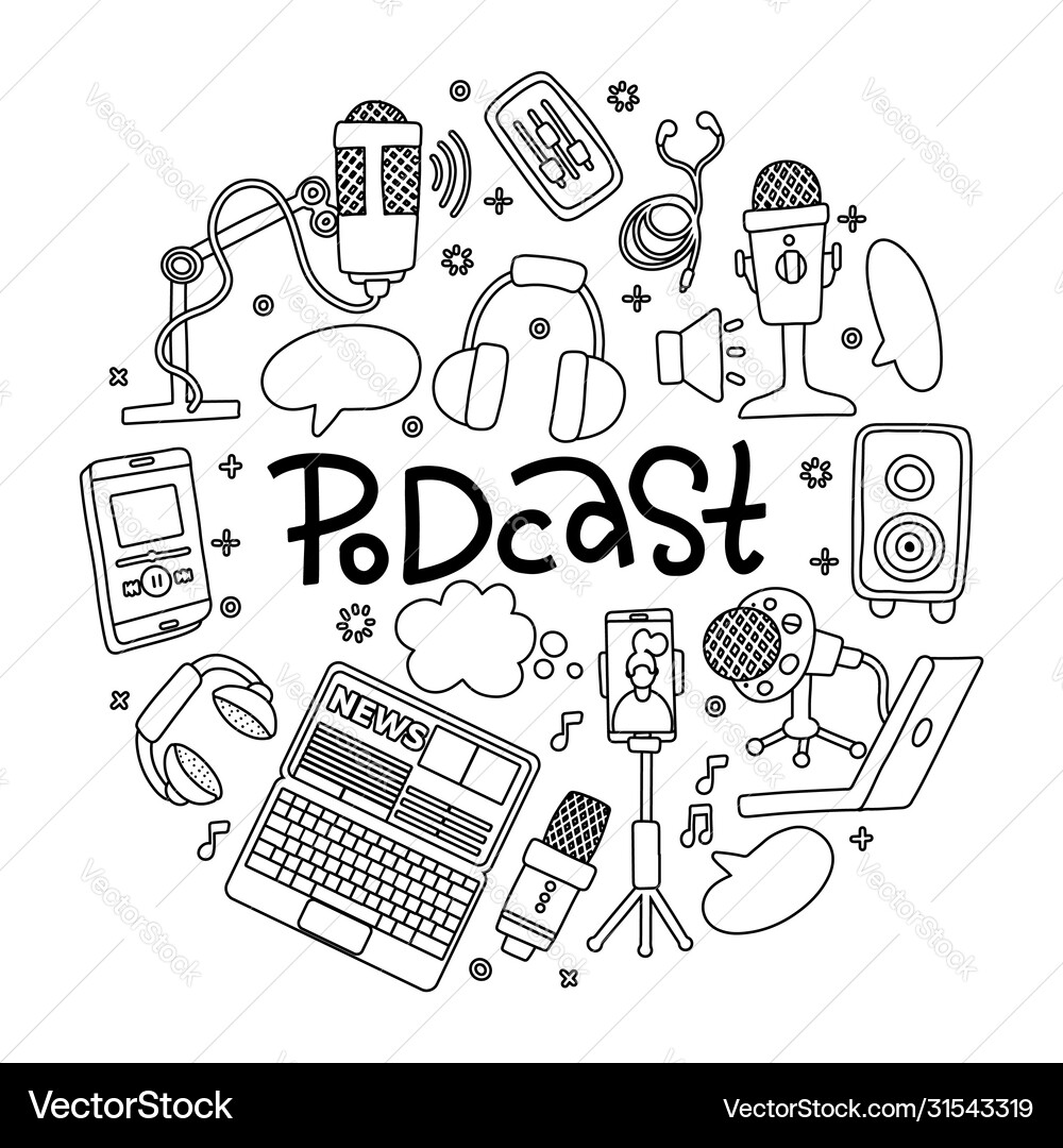Podcast doodle round badge with electronic Vector Image