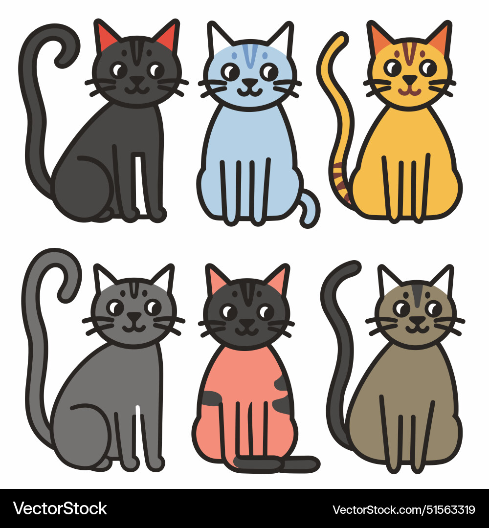 Six cartoon cats displayed various colors Vector Image