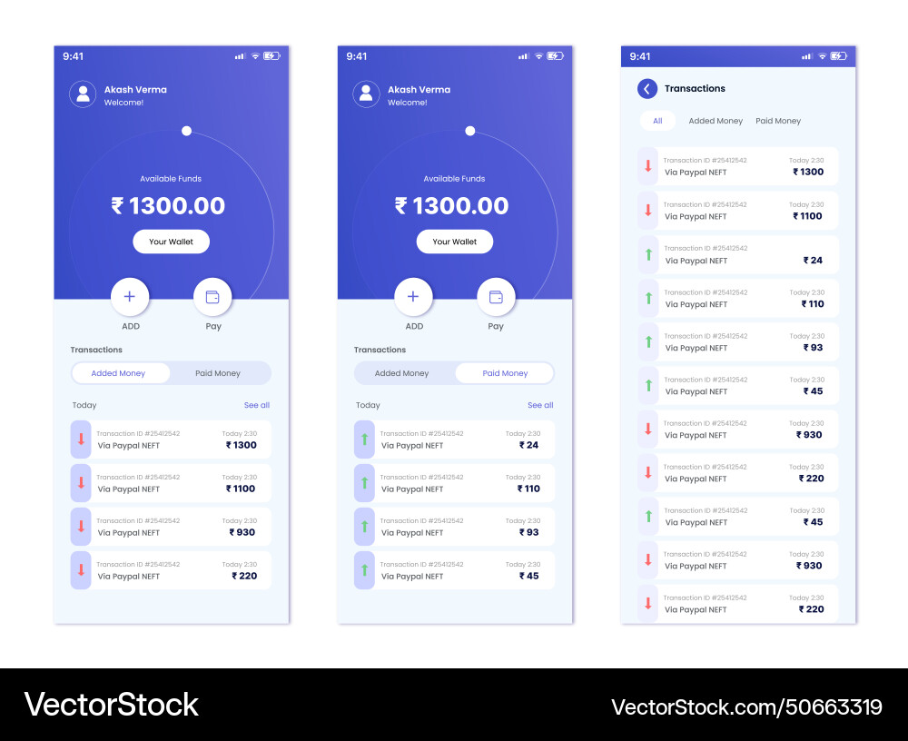 Three different screens of a mobile app Royalty Free Vector