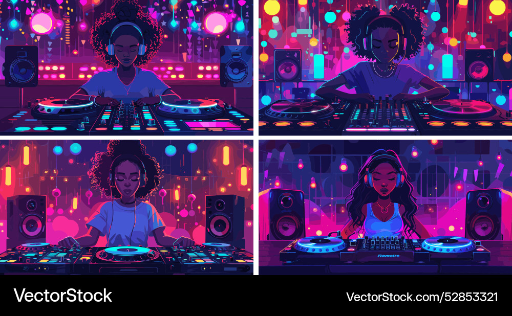 Female dj cartoon scenes dark skinned Royalty Free Vector