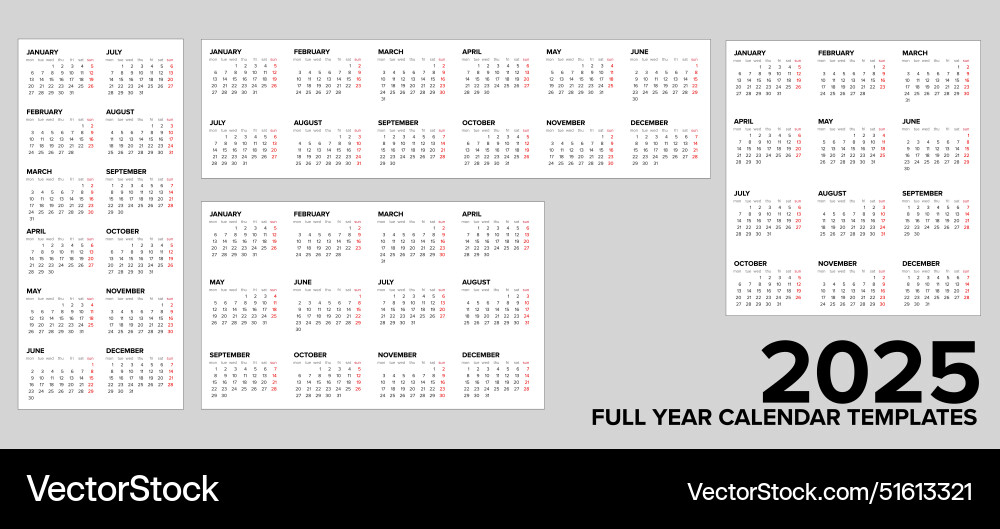 Four different layouts of full 2025 calendar Vector Image