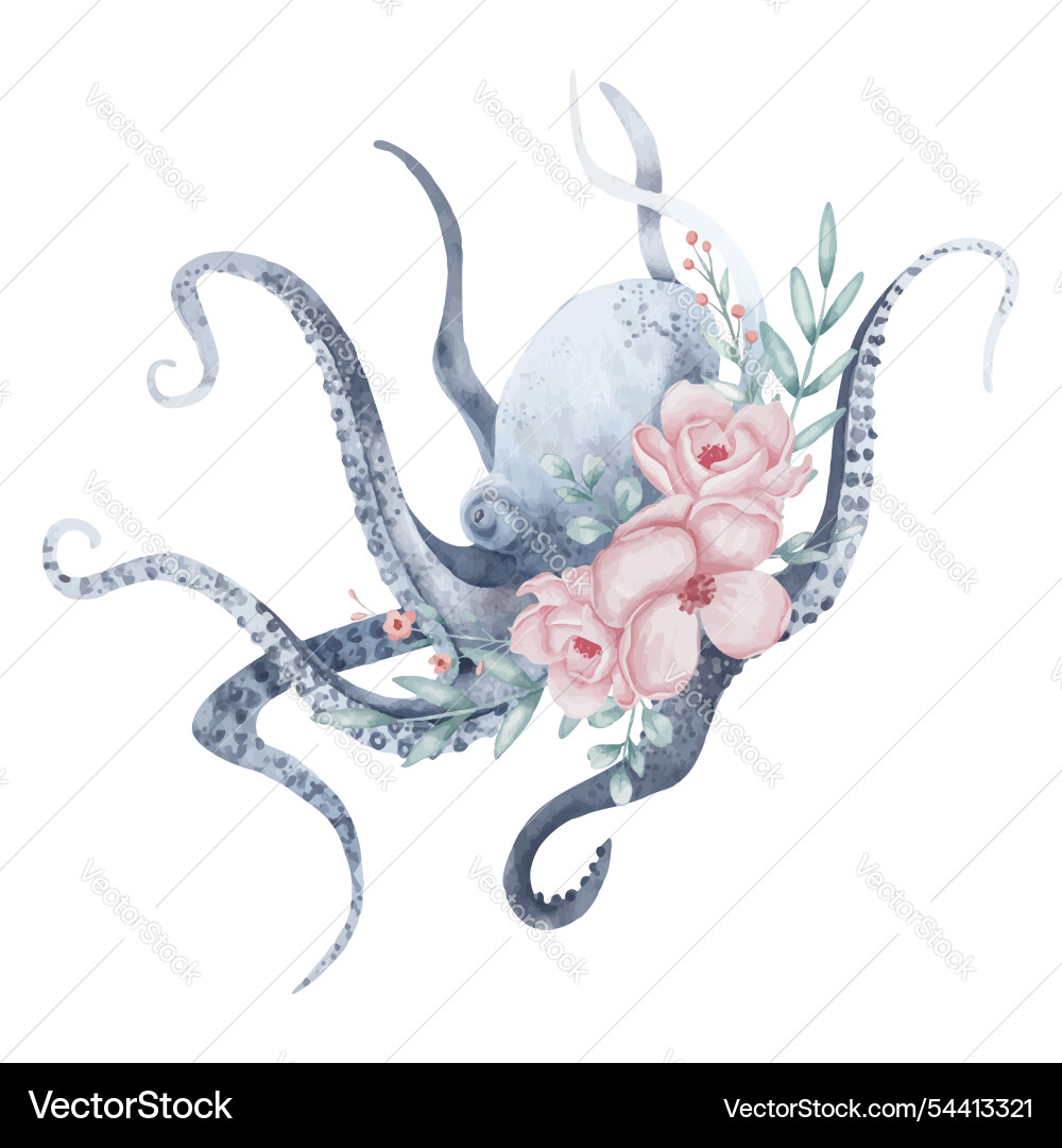 Octopus with delicate pink flowers and greenery Vector Image