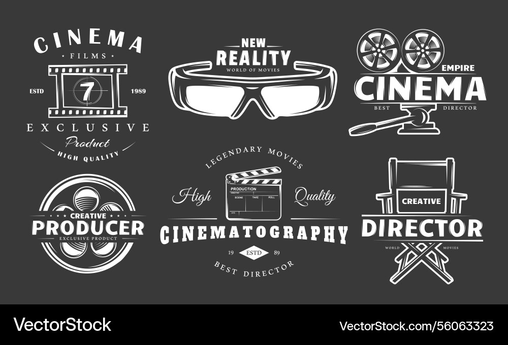 Cinema logo vintage set isolated on black Vector Image