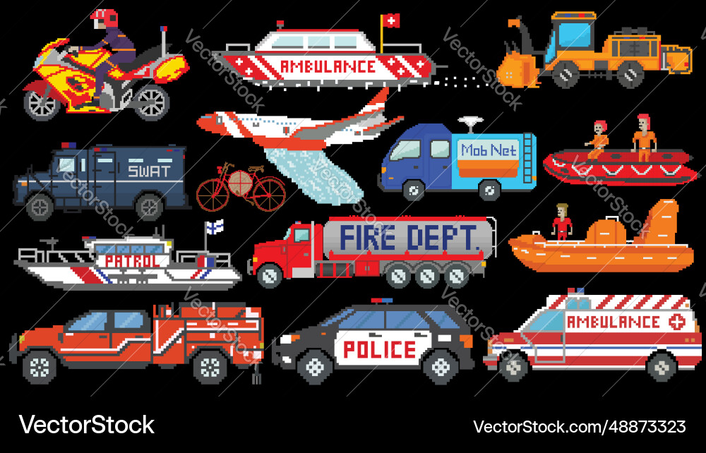 Collection of emergency vehicles in 8 bits Vector Image