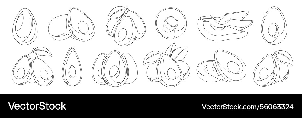 Avocado continuous one line drawing icon set Vector Image