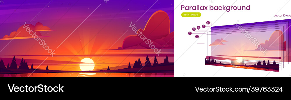 Parallax background with lake landscape at sunset Vector Image
