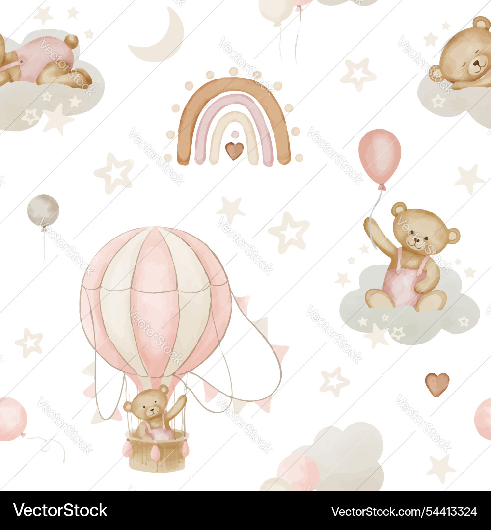 Teddy bear seamless pattern watercolor background Vector Image