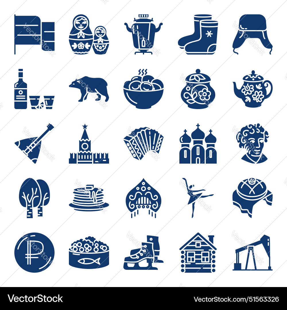 Russian national symbols silhouette icon set Vector Image