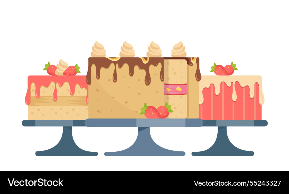 Variety of cakes on stands Royalty Free Vector Image