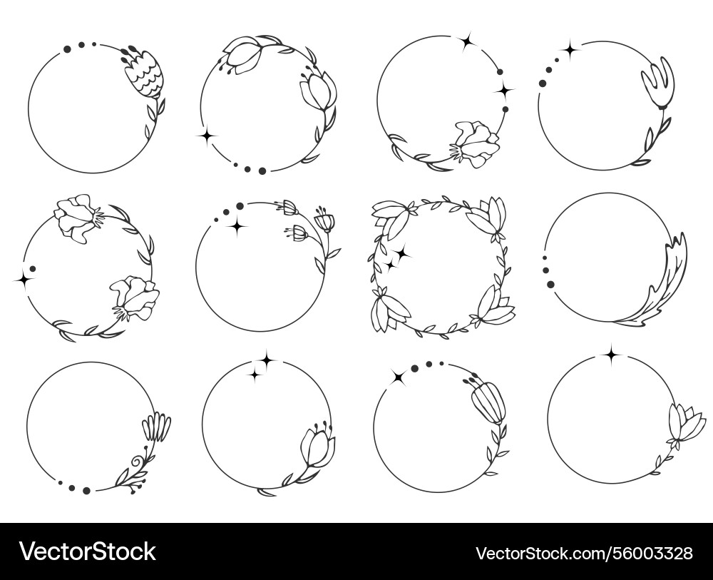 Aesthetic round hand-drawn frames with flowers Vector Image
