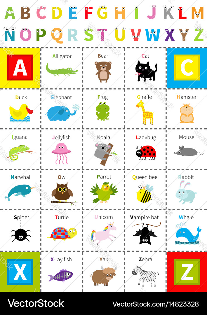 Animal Alphabet Poster - Cute Zoo Creatures Vector Image