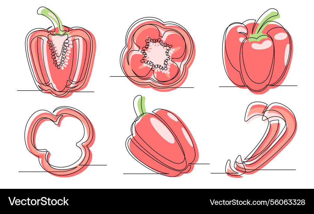 Bell pepper red continuous one line drawing set Vector Image