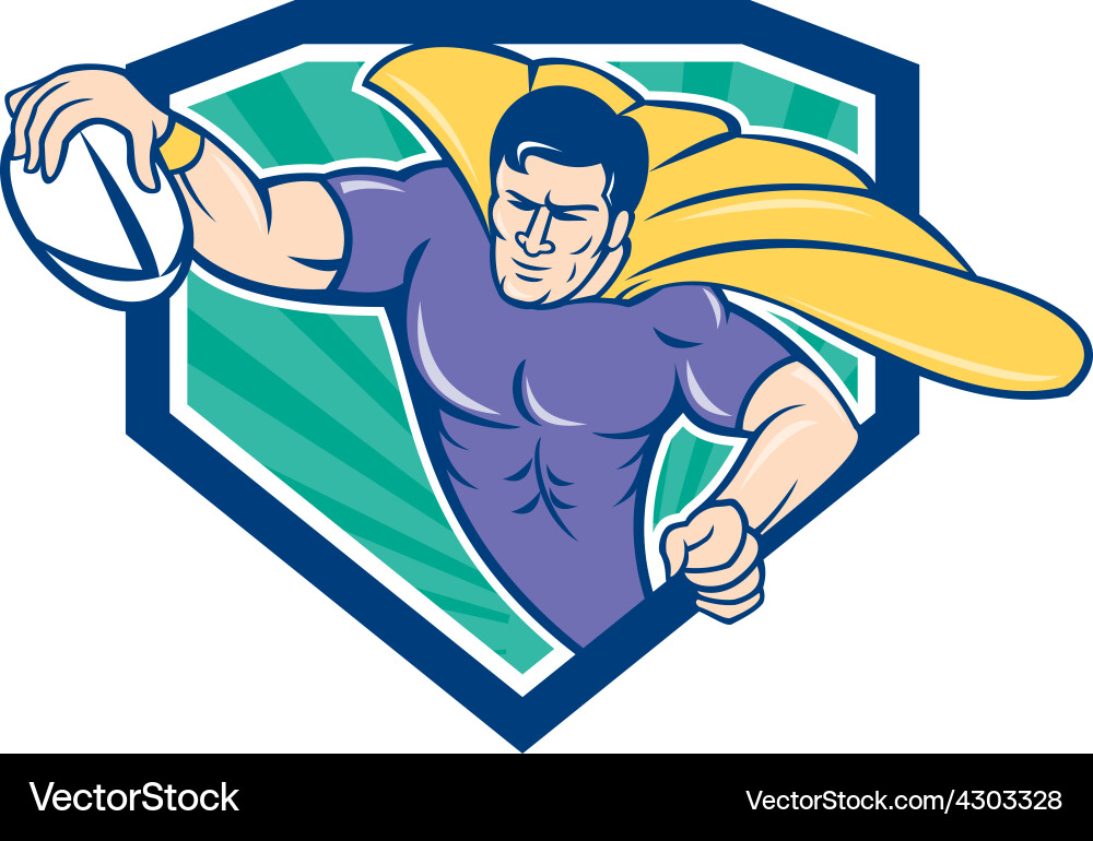 Superhero rugby player scoring try crest Vector Image