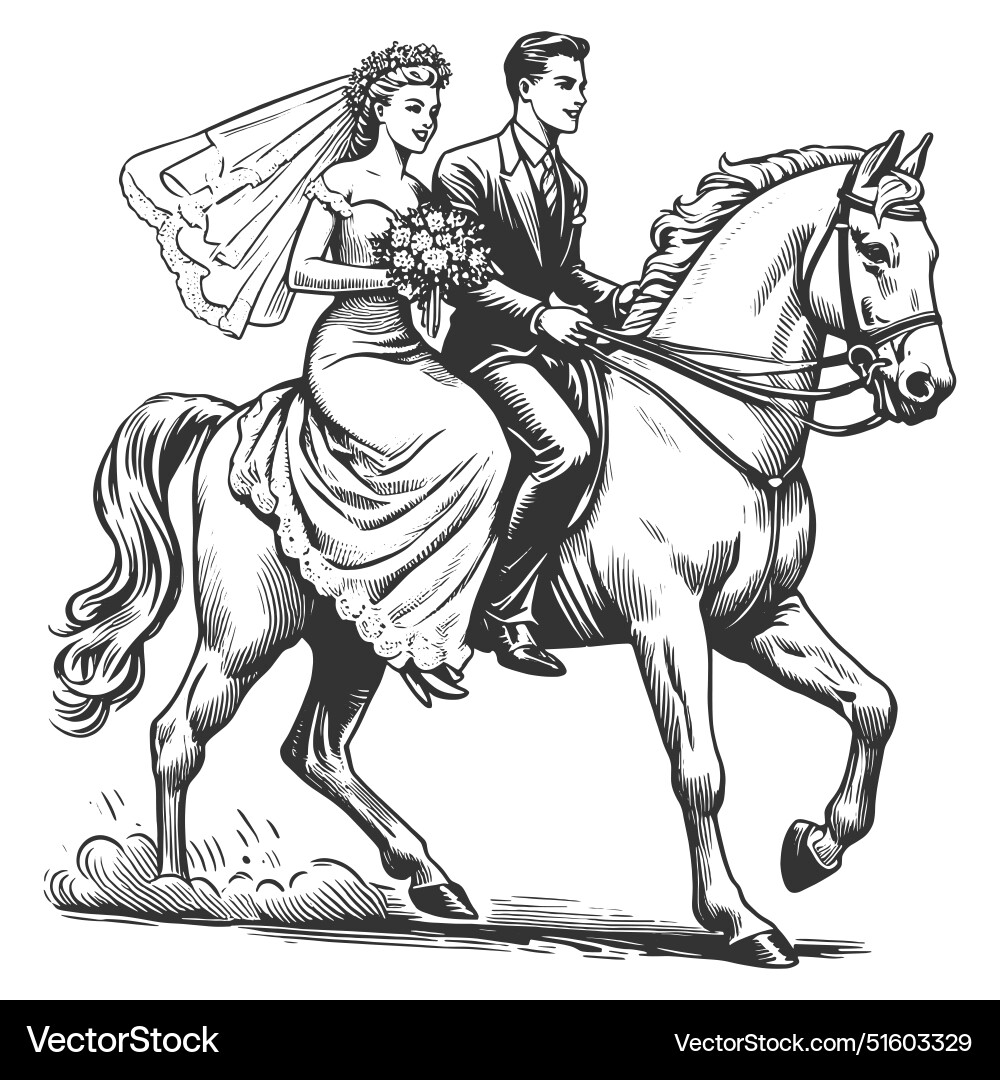 Bride and groom on horseback Royalty Free Vector Image