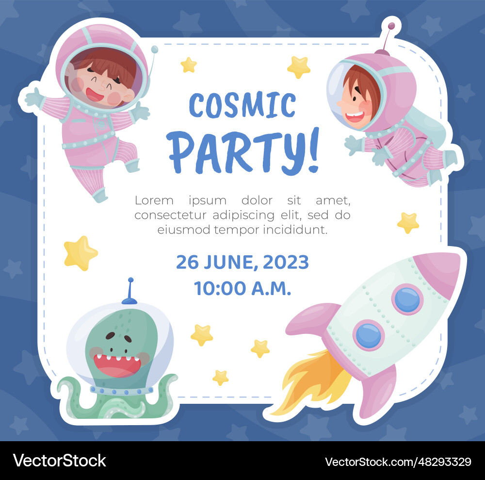 Cosmic party invitation card with cute kid Vector Image