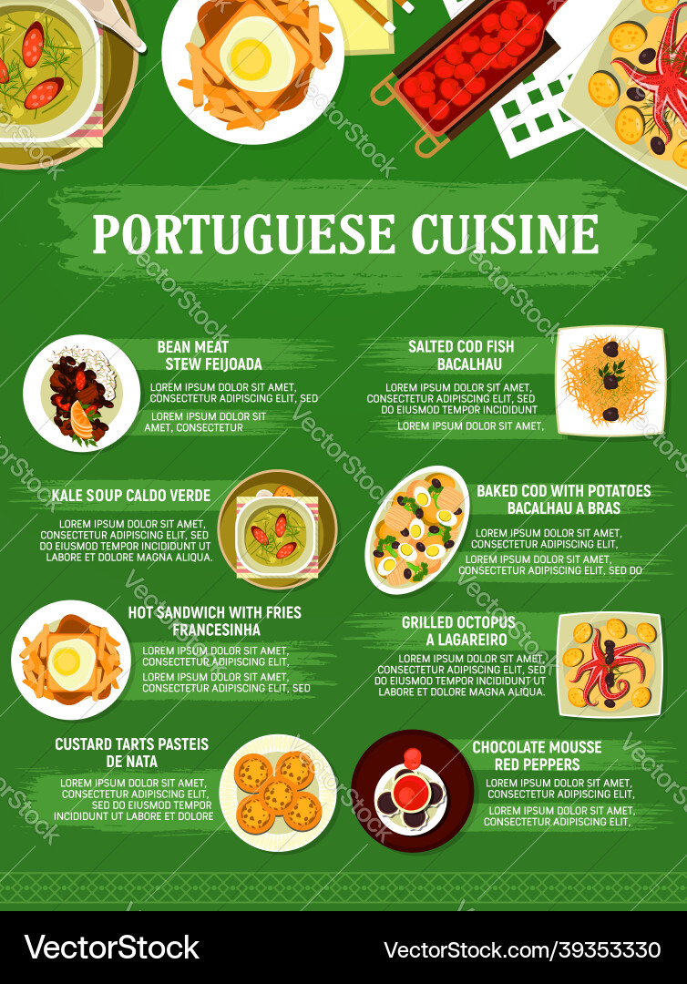 Portuguese cuisine restaurant menu dishes Vector Image