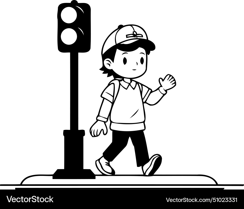 A kid boy crossing the road with traffic light Vector Image