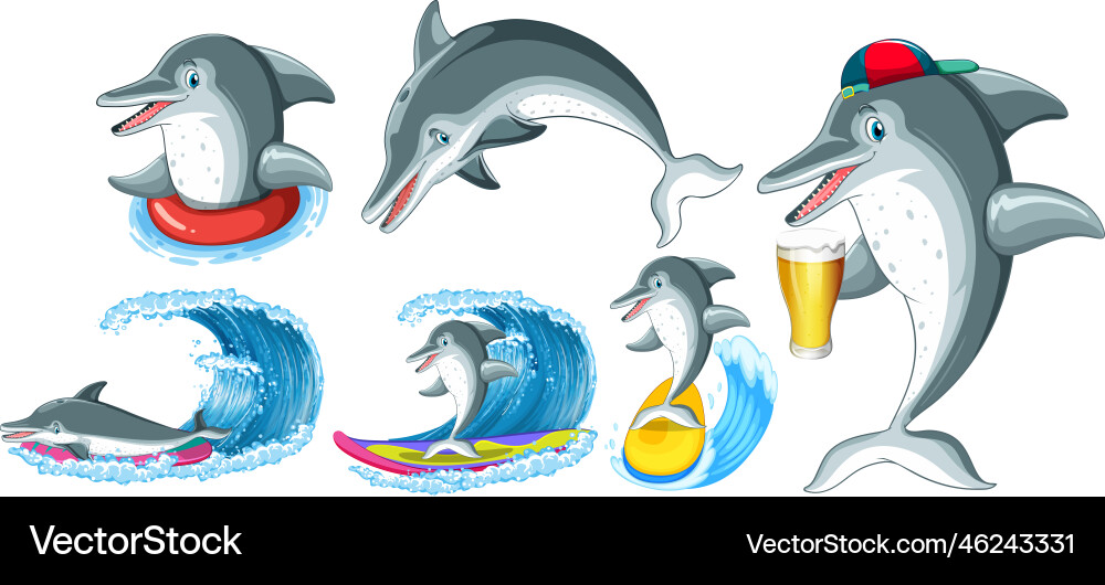 Cute dolphin cartoon characters collection Vector Image