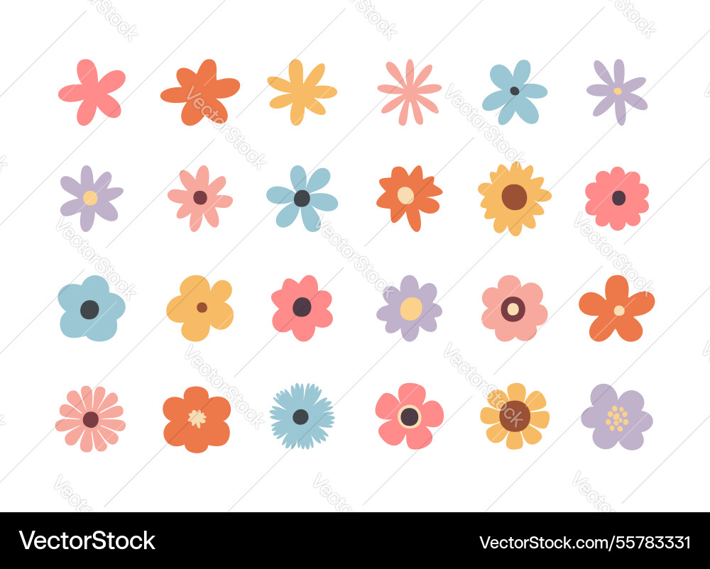 Retro pastel flower clipart flat set Royalty Free Vector