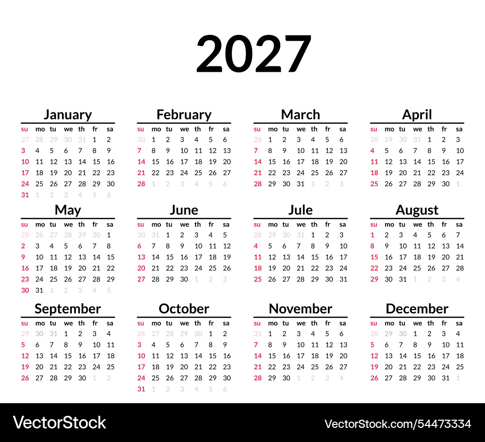 2027 Kalenderwoche beginnt am Sonntag einfach Vektorbild