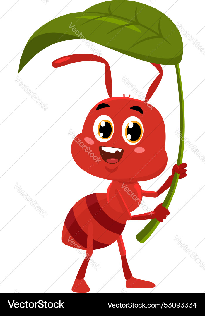 Cute ant cartoon character holding a big leaf Vector Image
