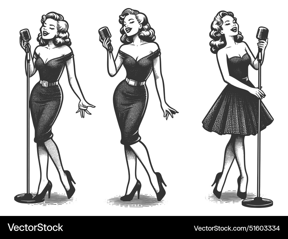 Female singers performing engraving sketch Vector Image