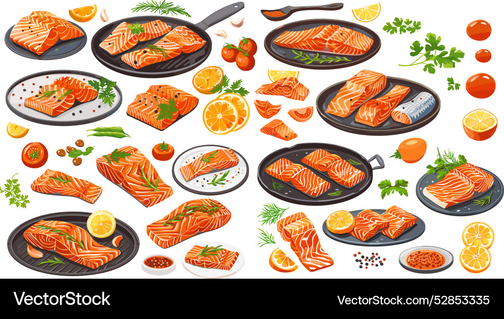 Grilled fish fillet cartoon collection Royalty Free Vector