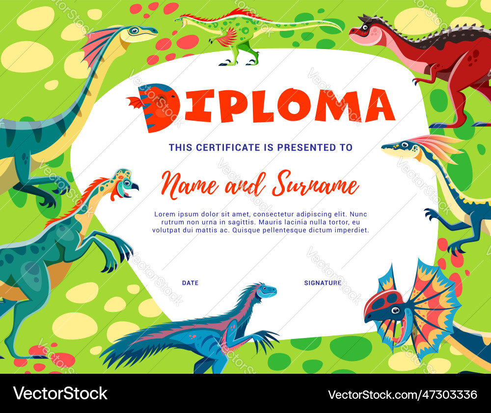 Kids diploma cartoon dinosaurs certificate Vector Image
