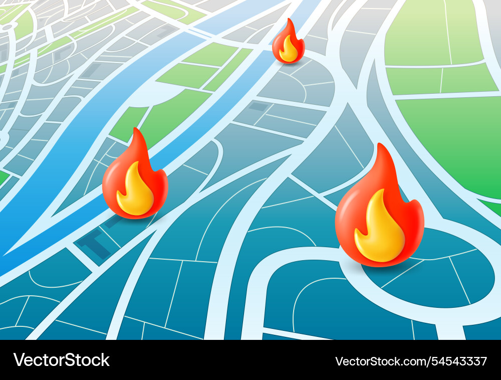 Abstract city map with red flames 3d Royalty Free Vector