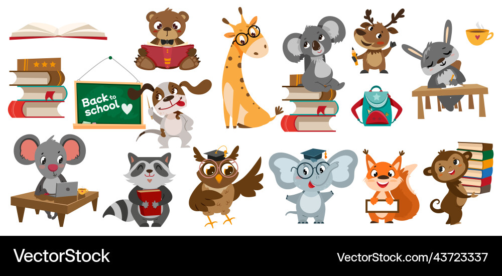 Cartoon cute animals studying and reading books Vector Image