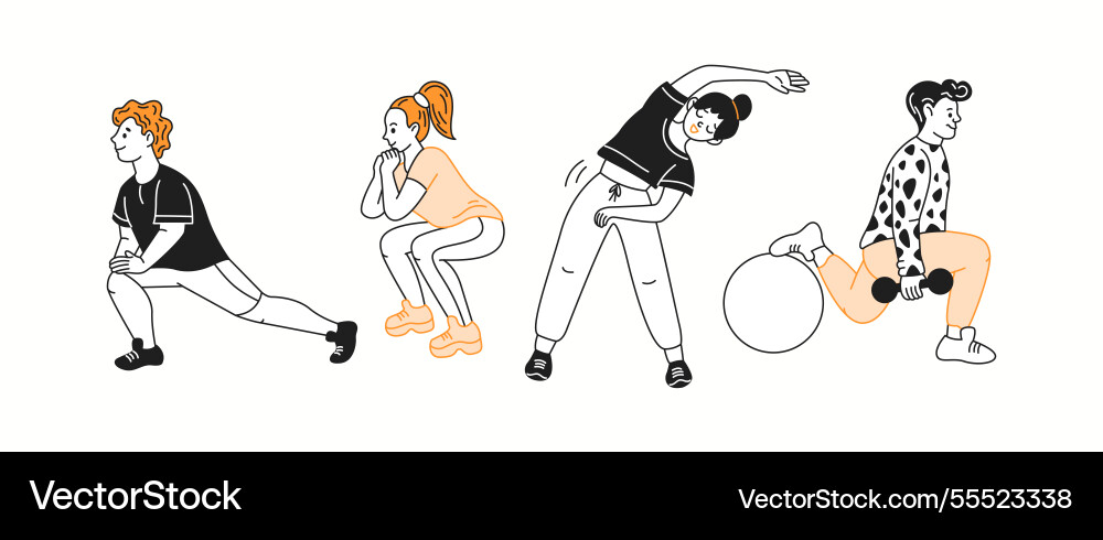 Group of people performing exercises color linear Vector Image