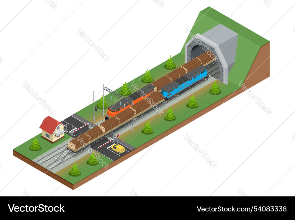 Isometric freight train loaded with pine trunks Vector Image