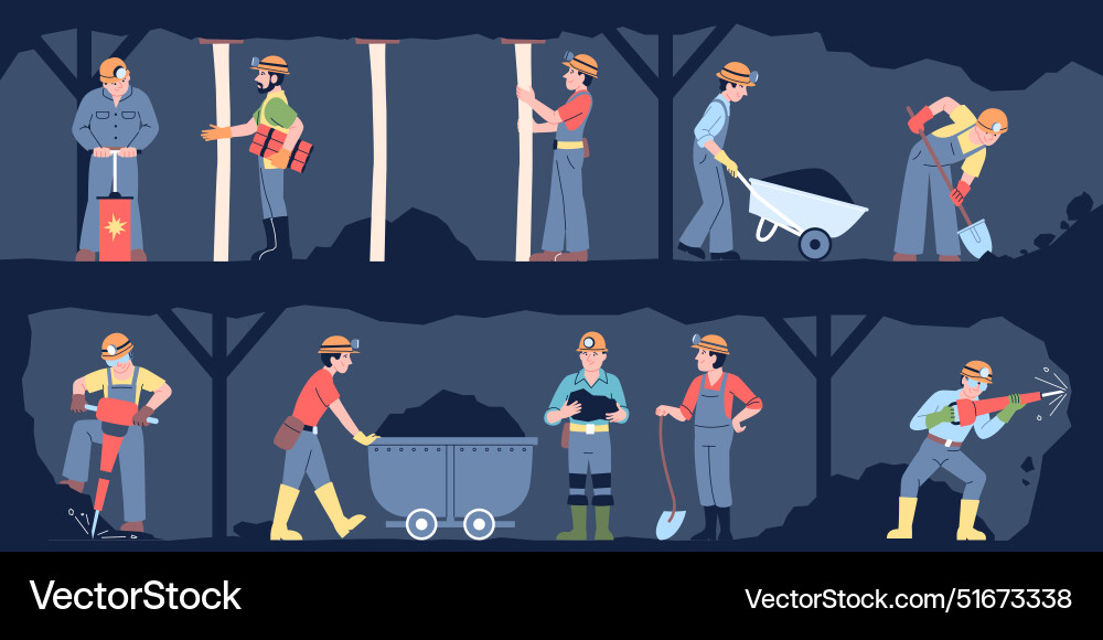 Workers in mine miners with tools and uniform Vector Image