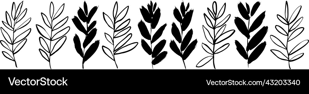 Plant branches with black leaves set Royalty Free Vector