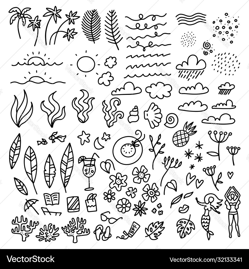 Line art hand drawn doodle set summer time Vector Image