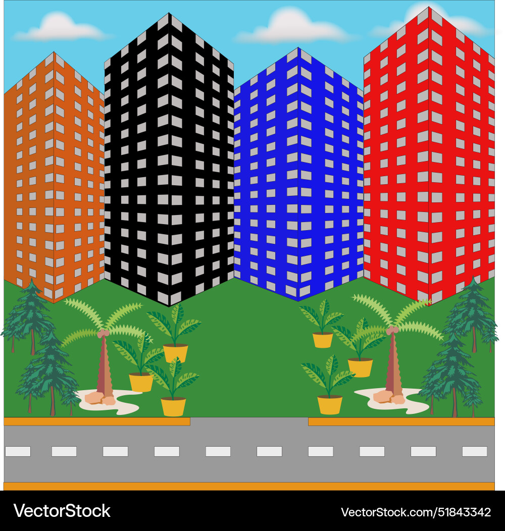 Buildings trees road Royalty Free Vector Image